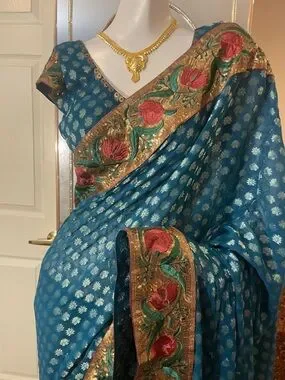 Sarees | Teal Blue Embroidered Floral Saree With Gold Border | Poshmark